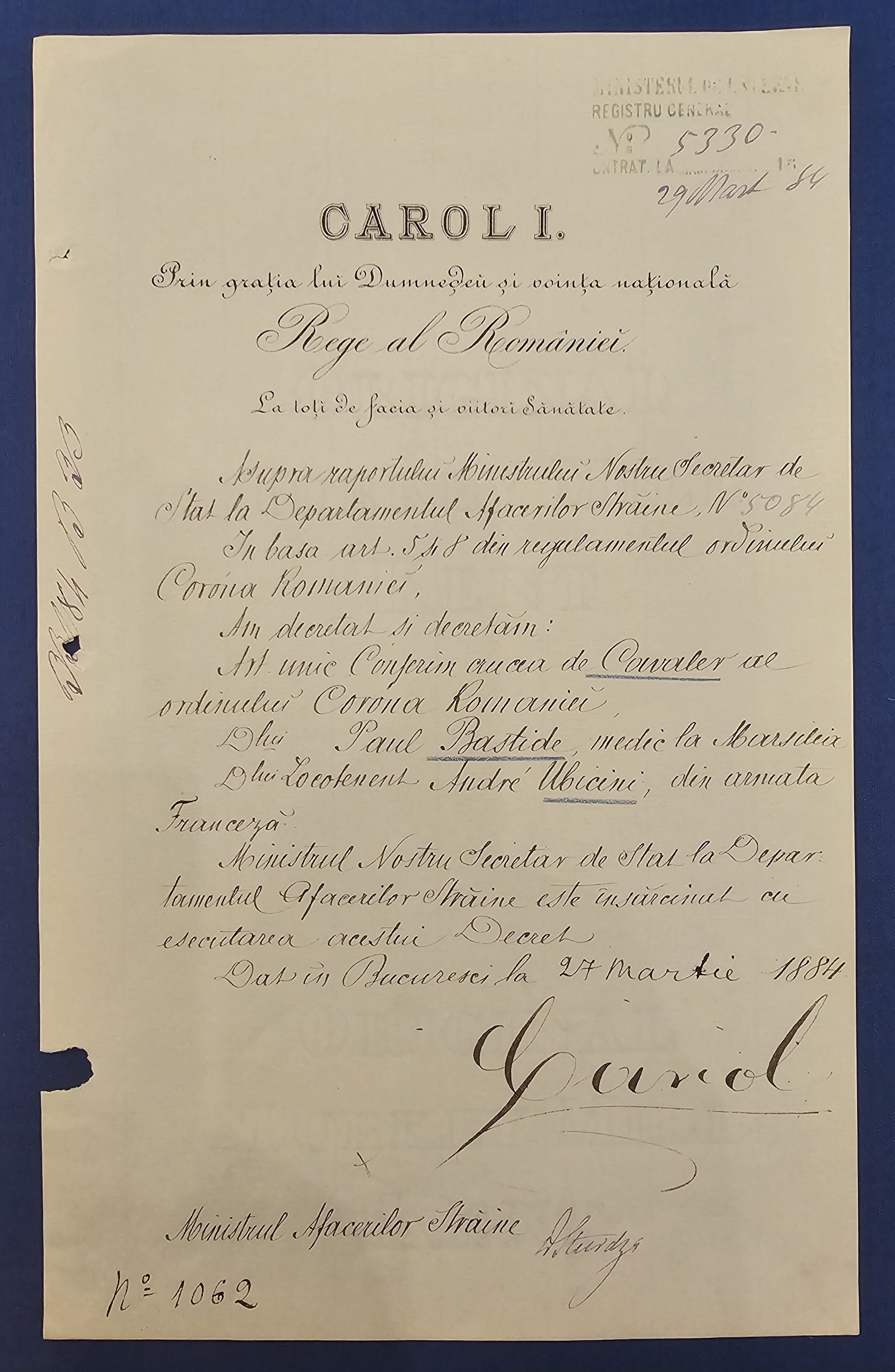 Brevet, " COROANA ROMANIEI" , Semnat Carol I al Romaniei si D. A ...